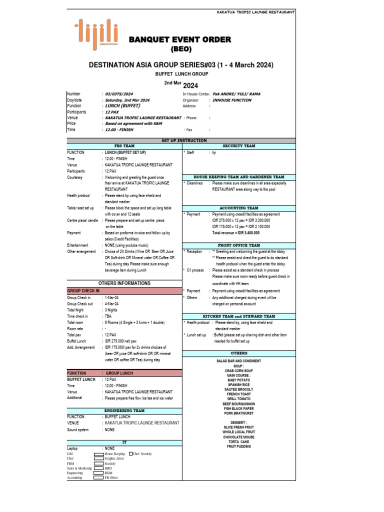 BEO BUFFET LUNCH DESTINATION ASIA #03 GROUP 2024 (1-4 Mar) | PDF ...