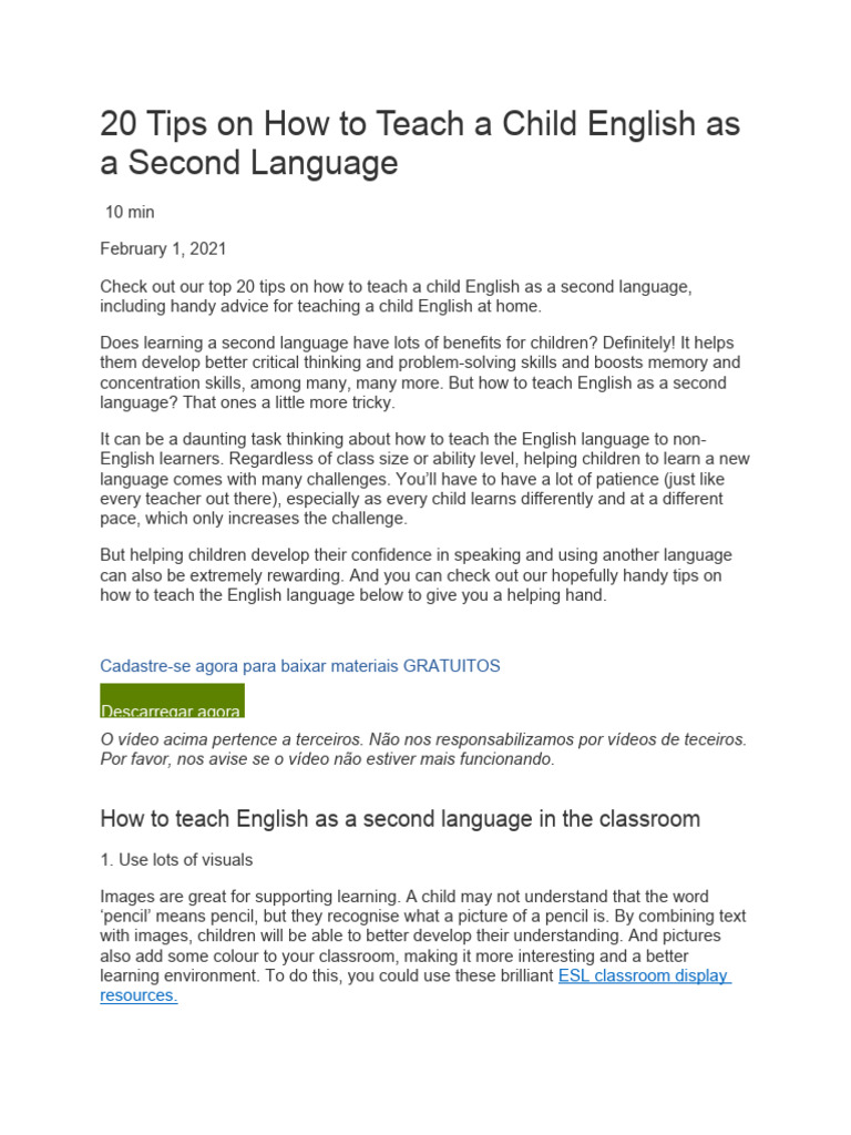 20 Tips on How to Teach a Child English as a Second Language | PDF | English As A Second Or ...