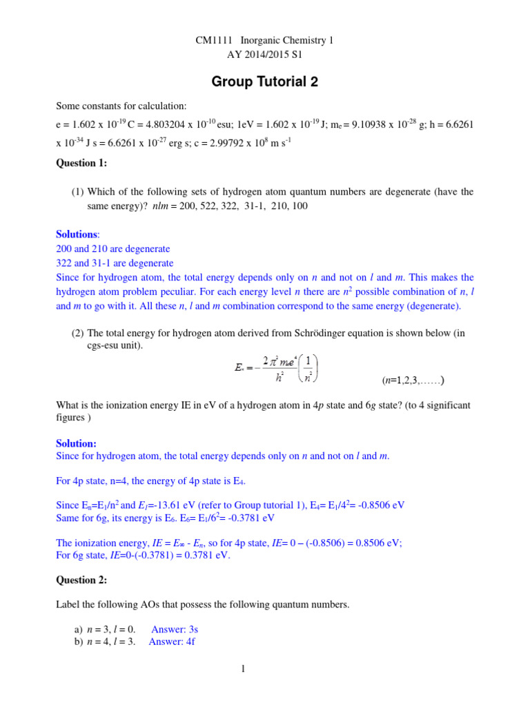 CM1111 - Group Tutorial - 2 - Solutions | PDF | Electron Configuration ...