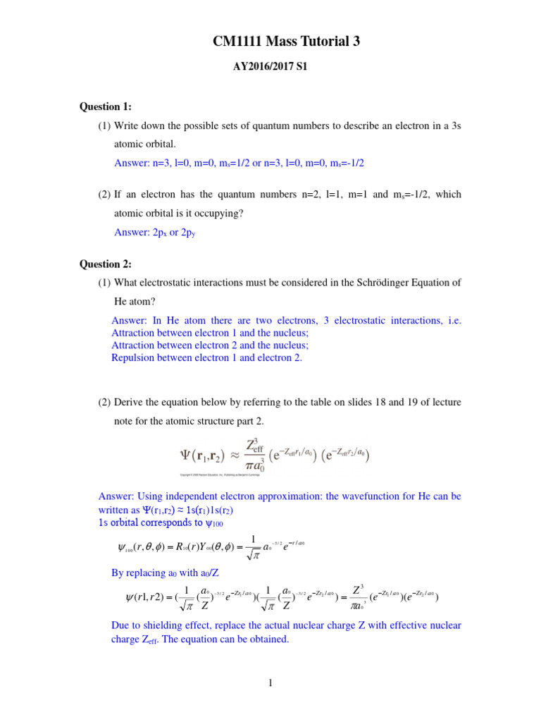 CM1111 - Mass Tutorial - 3 - Solution | PDF | Electron Configuration | Atomic Nucleus