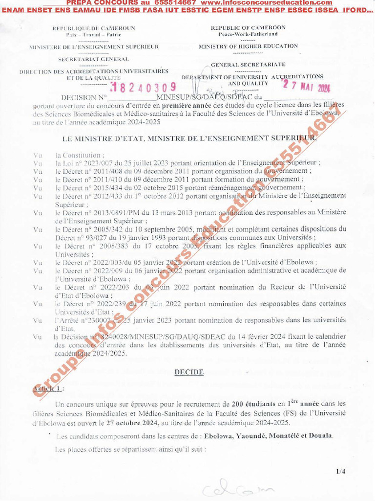 CONCOURS FS EBOLOWA BIO MED 2024 | PDF