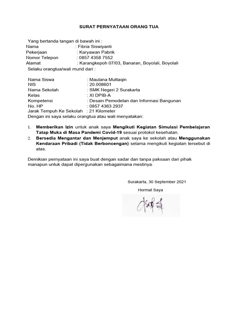 SURAT PERNYATAAN IZIN SIMULASI PTM Naufal Daffa | PDF