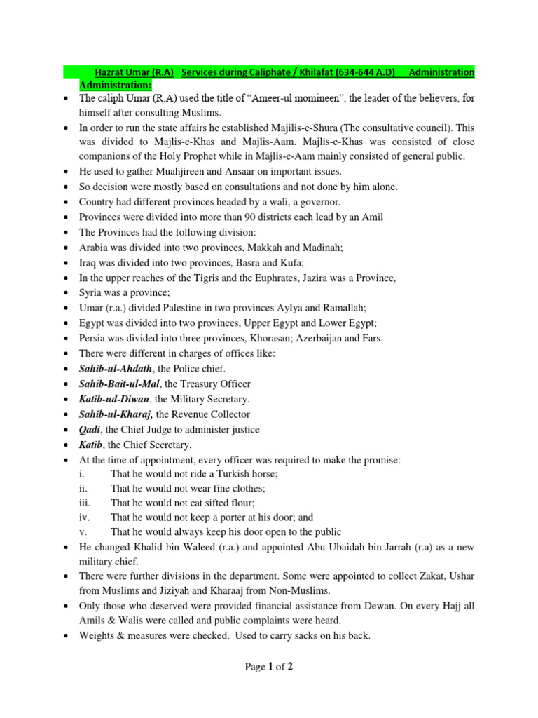 IX C Hazrat UMAR (R.A) As A Rightly Guided Caliph Paper 2 Q 3 | PDF | Umar | Caliphate