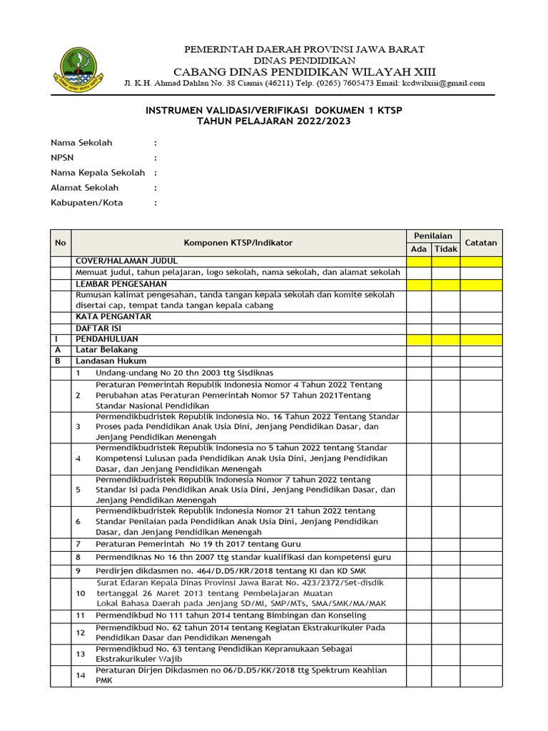 Instrumen Validasi KTSP - Rev | PDF
