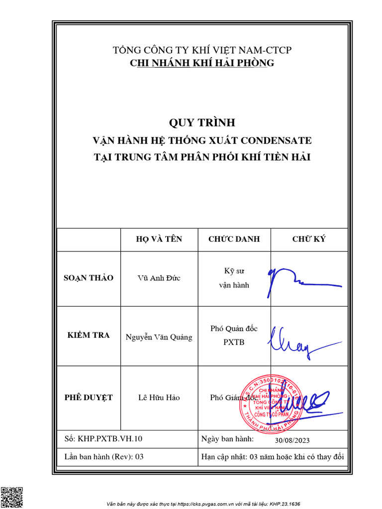 (signed) KHP.PXTB.VH.10 QT VH hệ thống xuất xe bồn condensate (Rev.03) PDF | PDF
