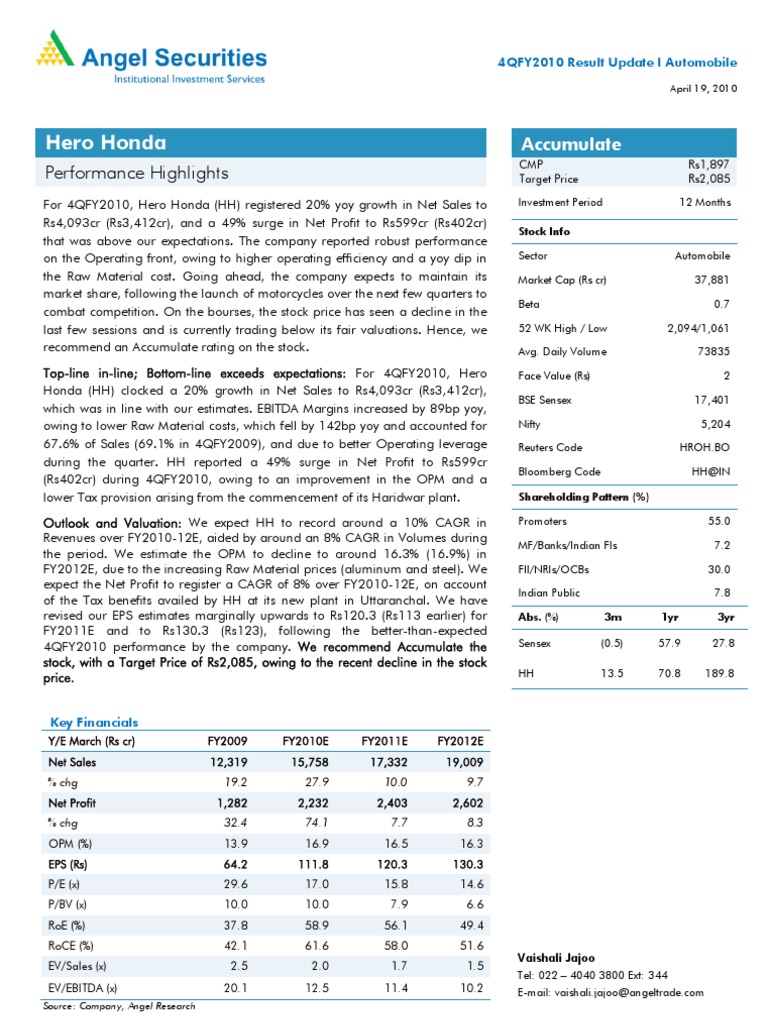 Hero Honda: Performance Highlights | PDF | Cash Flow Statement | Equity ...