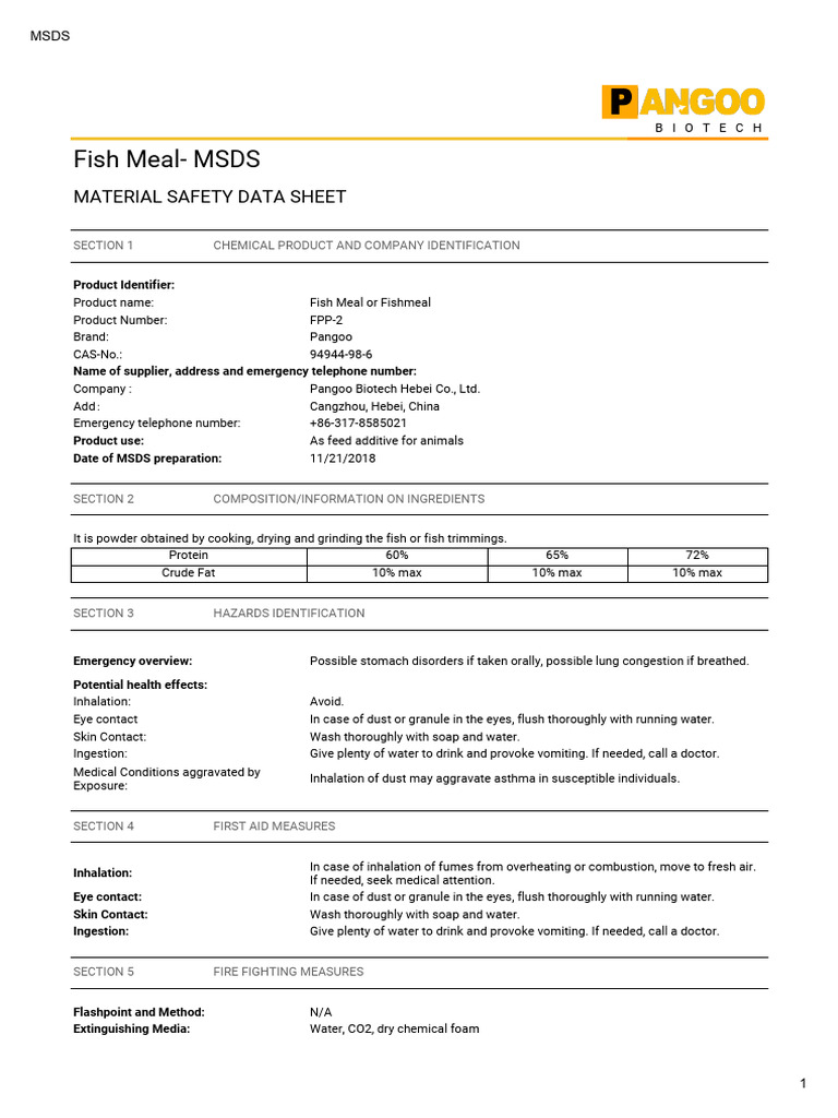 MSDS Fish Meal | PDF | Dangerous Goods | Occupational Safety And Health