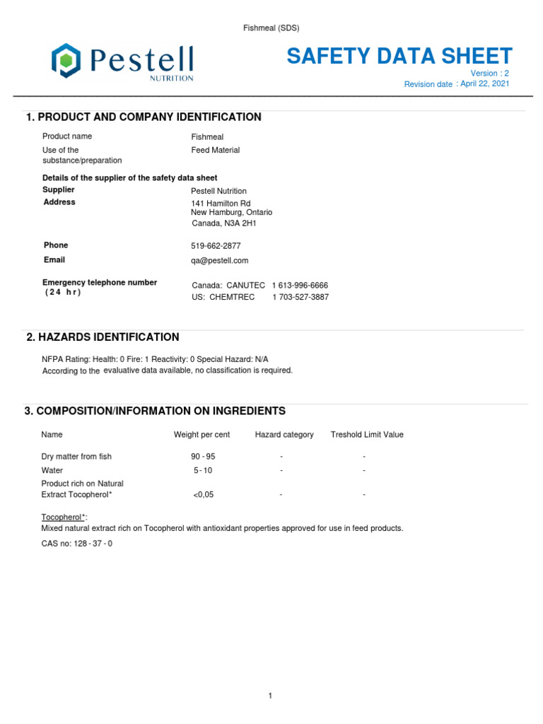 Fishmeal SDS Pestell EN | PDF | Dangerous Goods | Safety