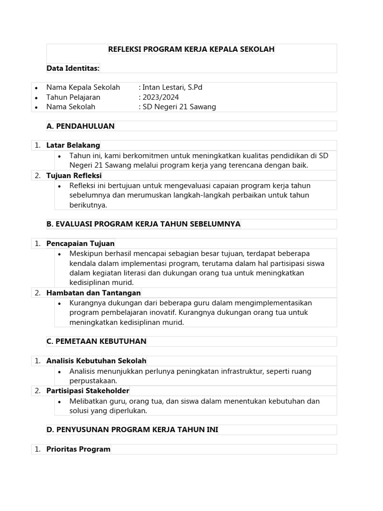 Refleksi Program Kerja Kepala Sekolah Intan Lestari | PDF