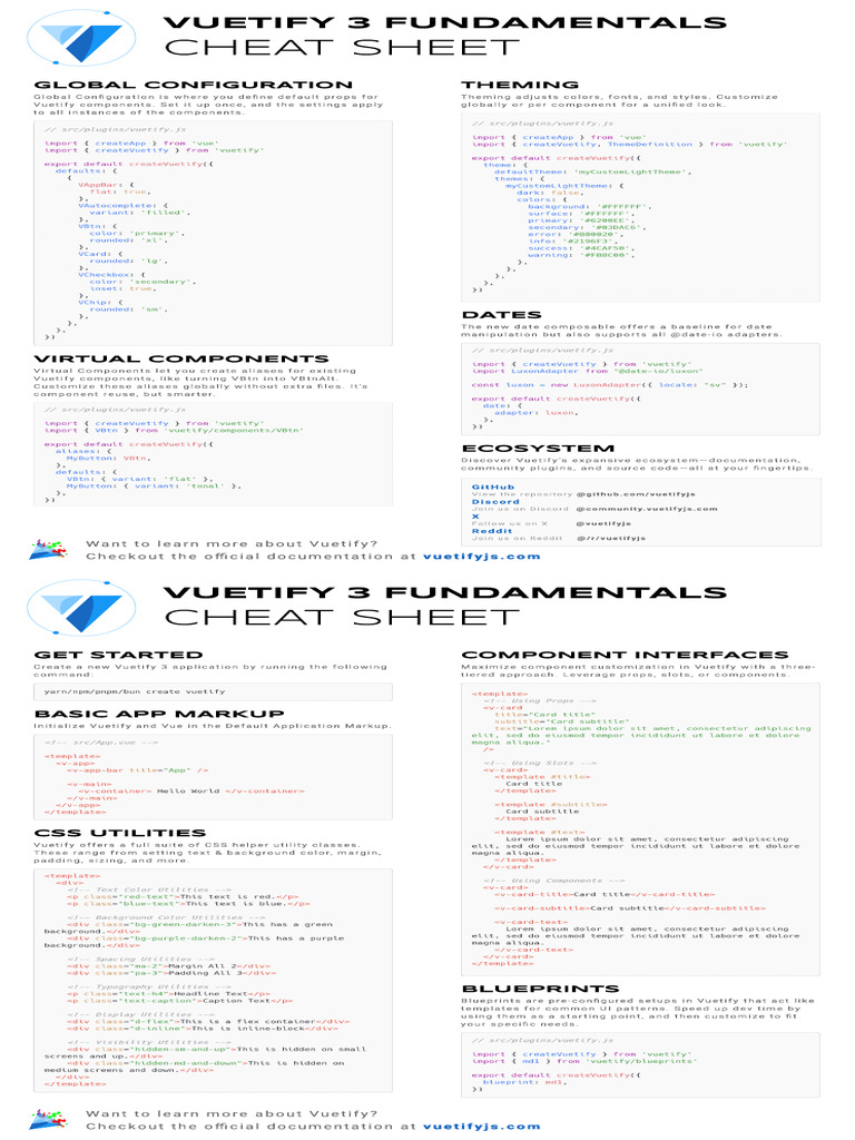 Vuetify 3 Fundamentals Cheat Sheet | PDF | Software Development | Computer Science