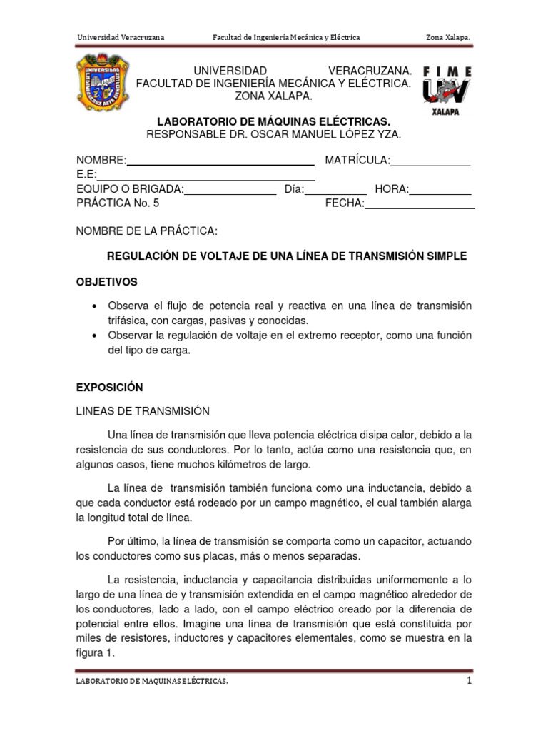 Prac 05 Regulación de Voltaje de Una Línea de Transmisión Simple | PDF | Energia electrica ...