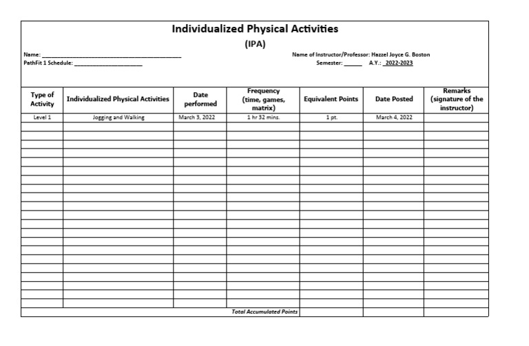 Individualized Physical Activities (IPA Form) | PDF