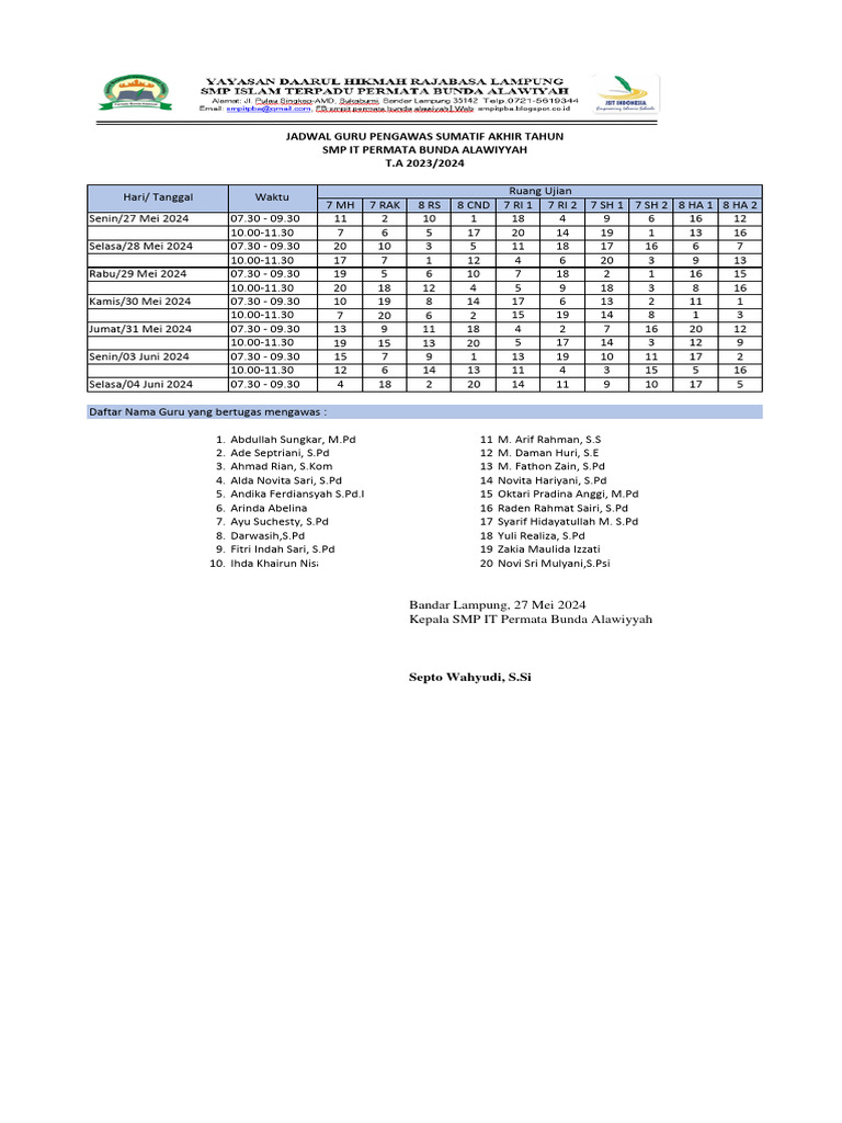 Jadwal Pengawas Sat Genap 2024 | PDF