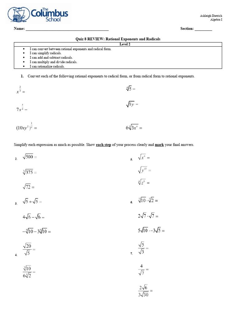 Rational Exponents & Radicals Quiz Review | PDF | Exponentiation ...