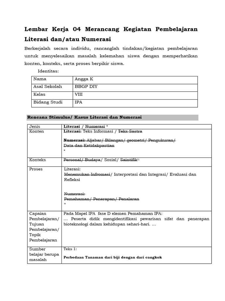 LK 04 Rancangan Pembelajaran Literasi Numerasi IPA | PDF LK 04 Rancangan Pembelajaran Literasi Numerasi IPA | PDF