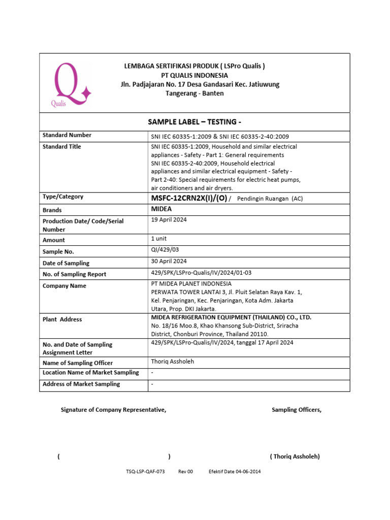 Label Testing - AC Midea - 30 April 2024 - 3 | PDF | Engineering ...