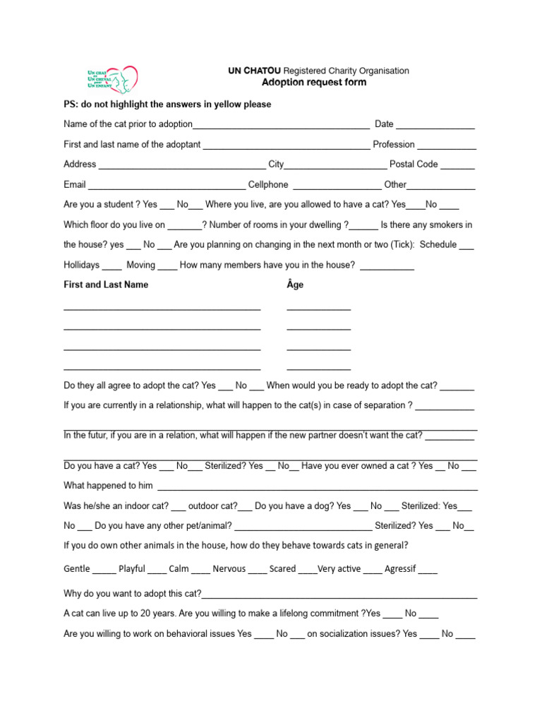 Cat Adoption Request Form | PDF | Cats | Animals And Humans