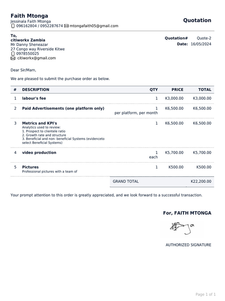 Faith Mtonga Quotation: To, Citiworkx Zambia Quotation# Date: 16/05/2024 | PDF