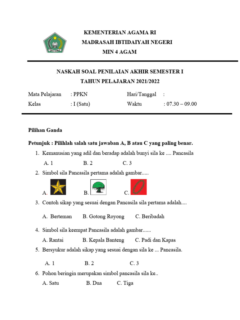 Soal PAS PPKN Kelas 1 Semester 1 2021-2022 | PDF