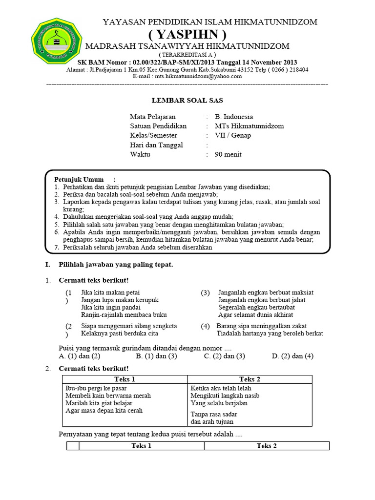 Soal Pat Kelas Vii B.indonesia | PDF | Seni & Disiplin Bahasa | Kajian Bahasa Asing