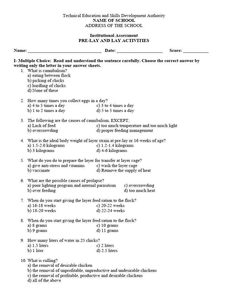 Institutional in Pre-Lay and Lay Activities | PDF | Chicken | Poultry ...