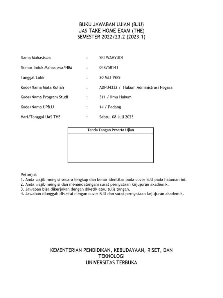 Buku Jawaban Ujian Adpu4332 Hukum Administrasi Negara | PDF | Hukum | Kesehatan Holistik