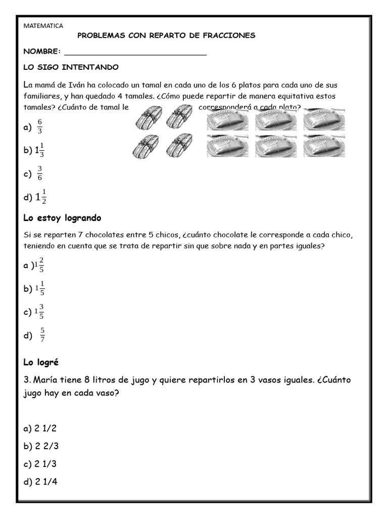 FICHA PROBLEMAS CON REPARTO DE FRACCIONES | PDF