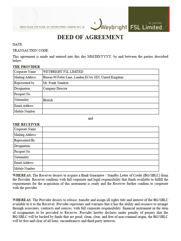 DOA Agreement for Bank Guarantee/SBLC | PDF | Letter Of Credit | Banks
