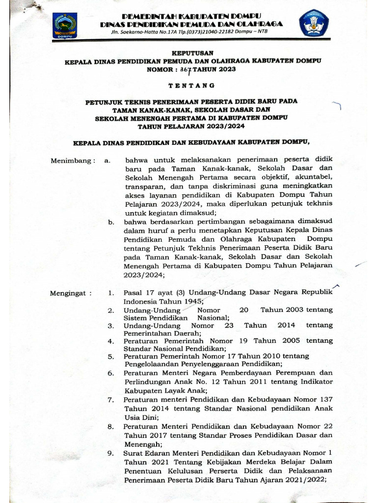 Juknis PPDB Kab. Dompu Tahun Pelajaran 2023 - 2024 | PDF
