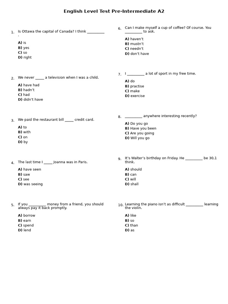 English Level Test PDF Pre Intermediate A2 Englishtestpdf | PDF English Level Test PDF Pre Intermediate A2 Englishtestpdf | PDF