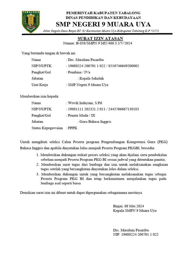 Surat Izin Atasan PKGBI | PDF