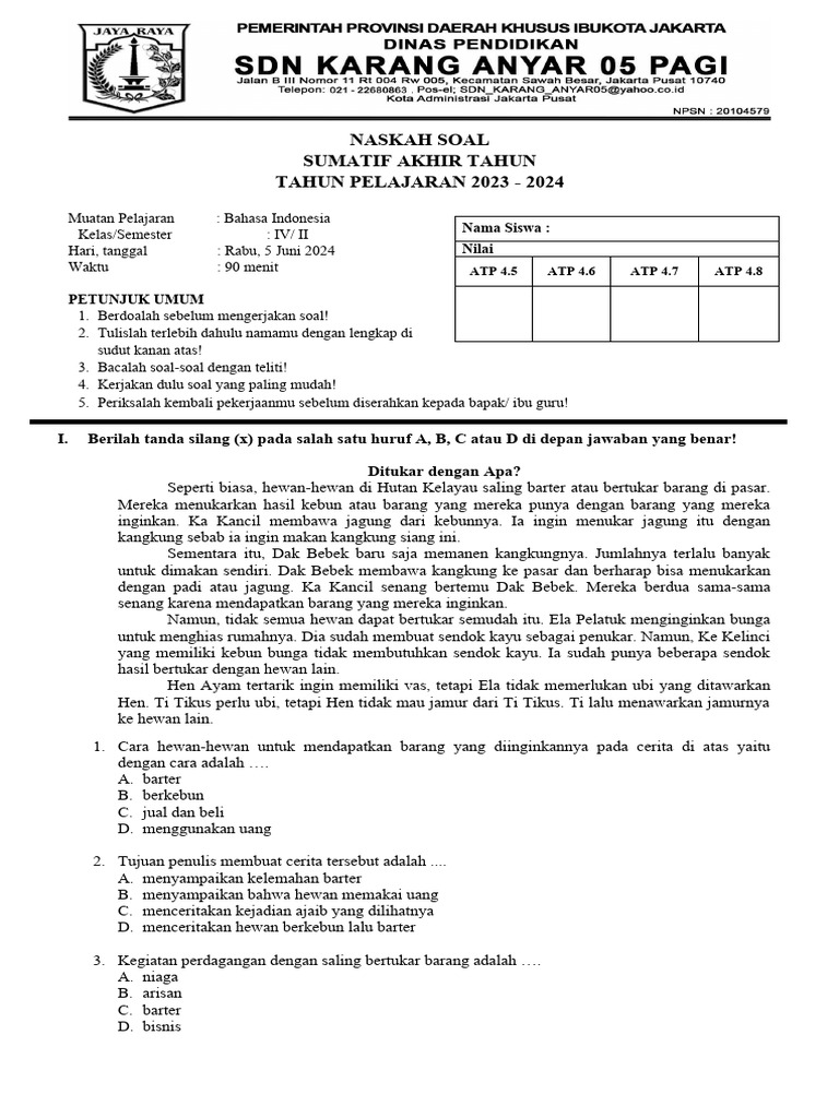 Soal Sat B.indo SMT 2 Kelas 4 | PDF