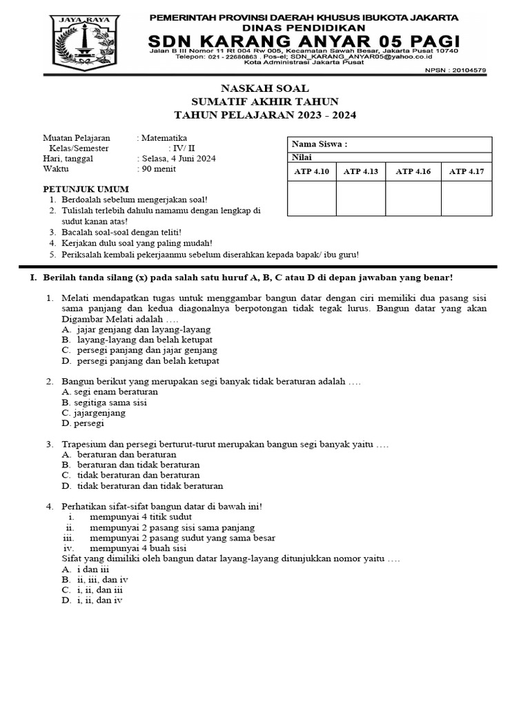 Soal Sat MTK SMT 2 Kelas 4 | PDF | Griya & Taman | Seni