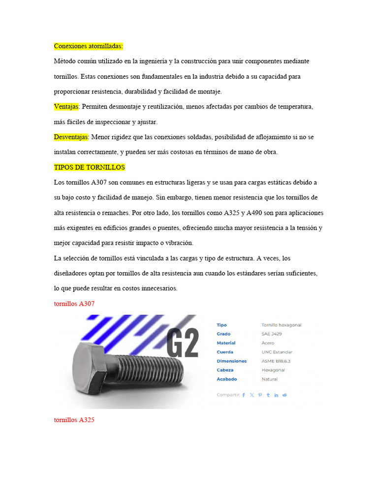 Conexiones Atornilladas | Descargar gratis PDF | Tornillo | Remache