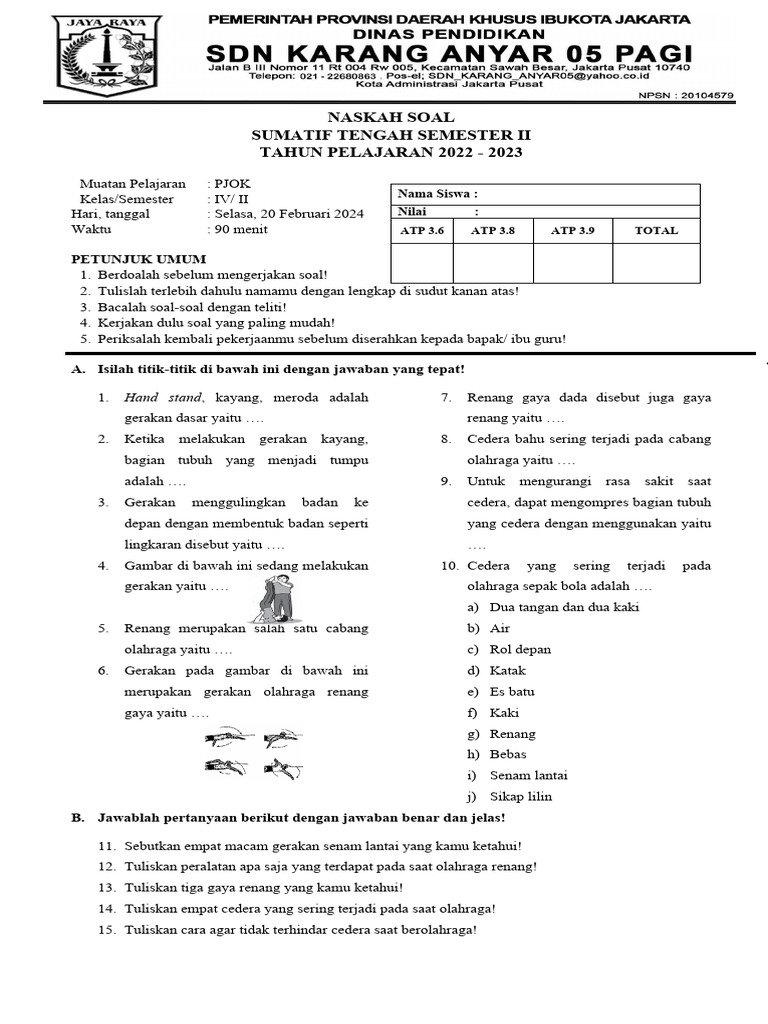 SOAL STS PJOK Kelas 4 Semester 2 | PDF
