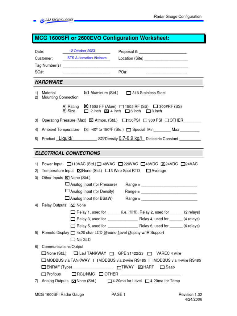 Configuration Sheet For Radar | PDF | Pipe (Fluid Conveyance) | Sphere