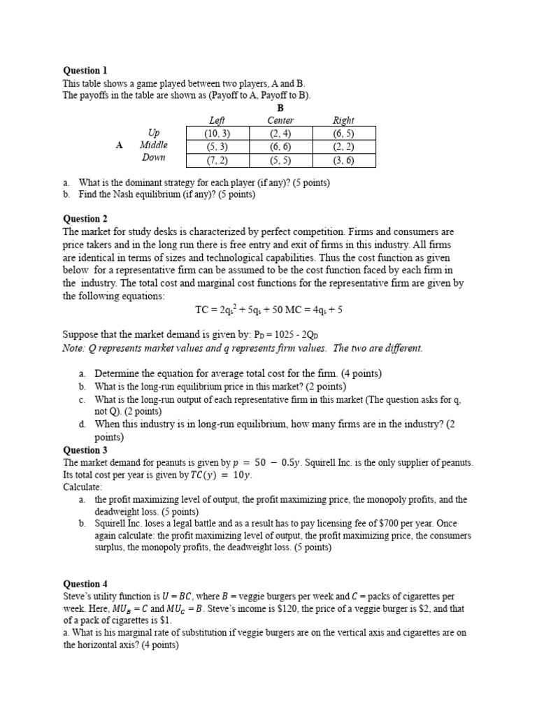 Micro Final Exam Practice Problems | PDF | Economic Equilibrium ...