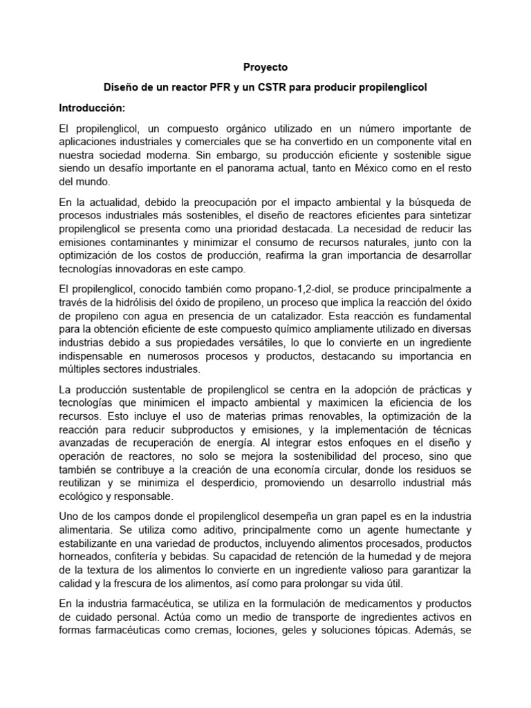Proyecto 2P - Reactores PFR Y CSTR - Propilenglicol | PDF | Reactor Quimico | Reactor nuclear