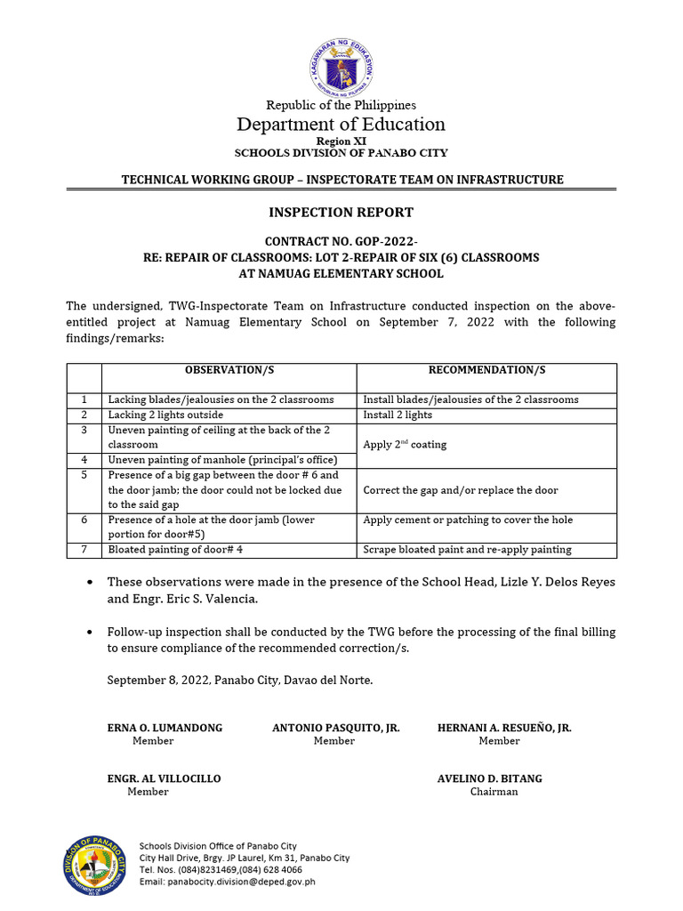 Inspection Report Namuag Es | PDF