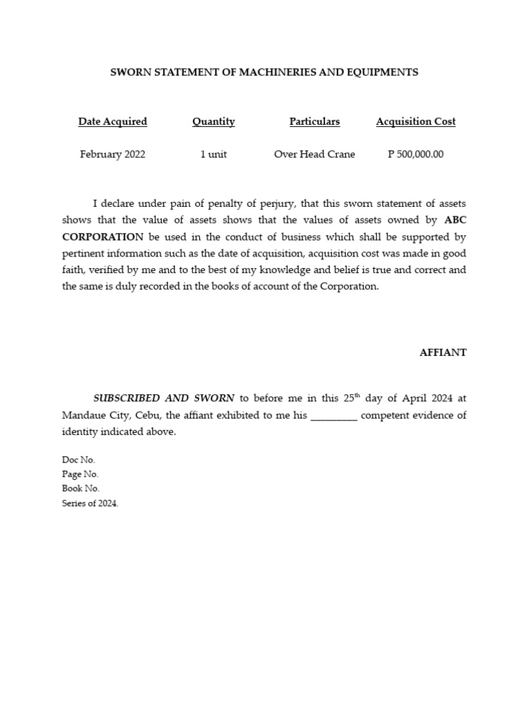 Sworn Statement of Assets for ABC Corp | PDF