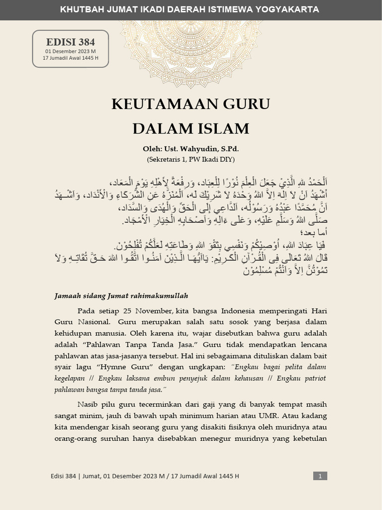 Edisi 384 - 011223 - Wahyudin - Keutamaan Guru Dalam Islam | PDF
