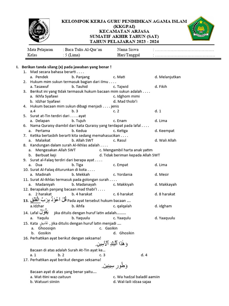 Soal PAI Kelas 5 Semester Akhir | PDF