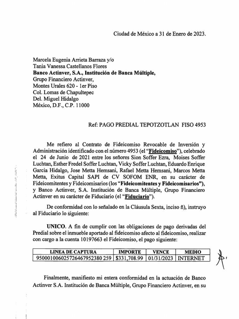 Carta Instrucción Pago Predial 2023 FISO 4953 | PDF