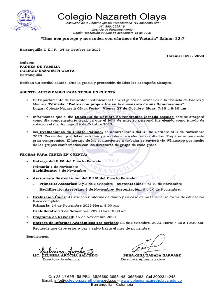 Circular 028 - Evaluaciones 4to Periodo y Activides para Tener en Cuenta 2023 | PDF