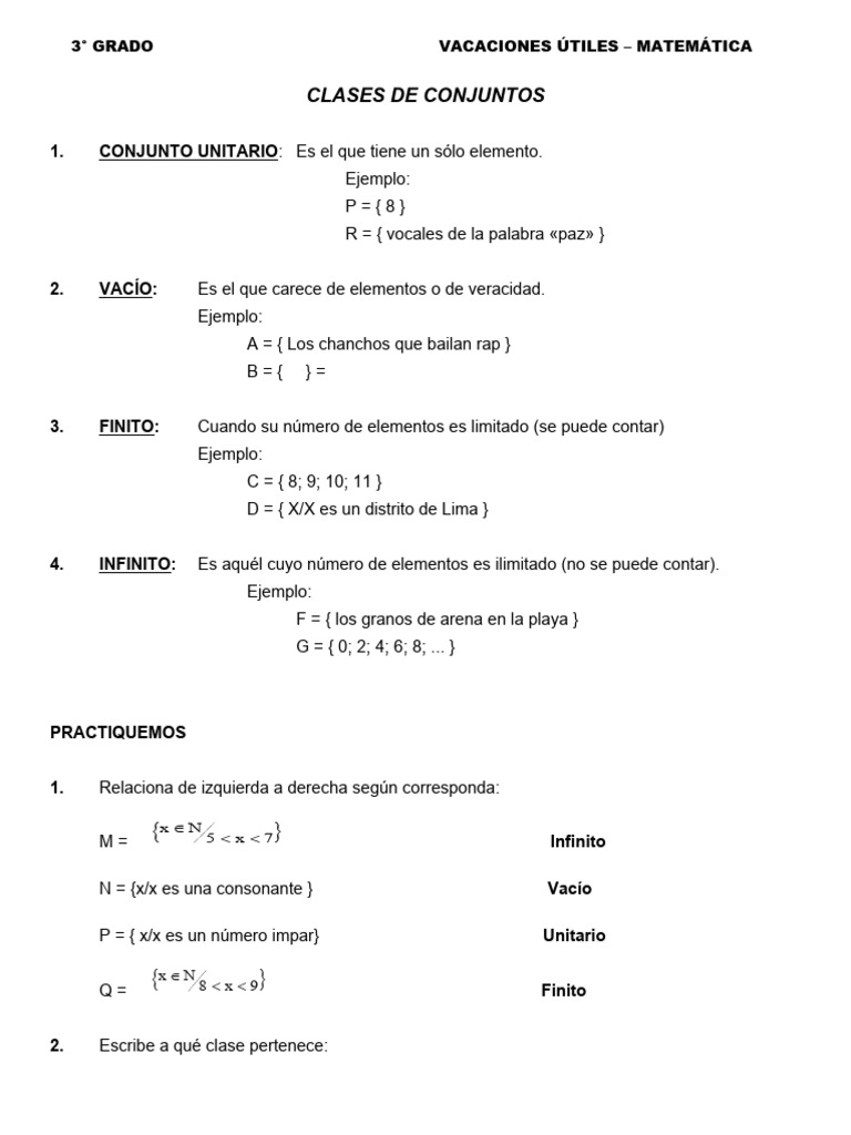 CLASES DE CONJUNTOS 3° GRADO FICHA | PDF | Conjunto (Matemáticas ...