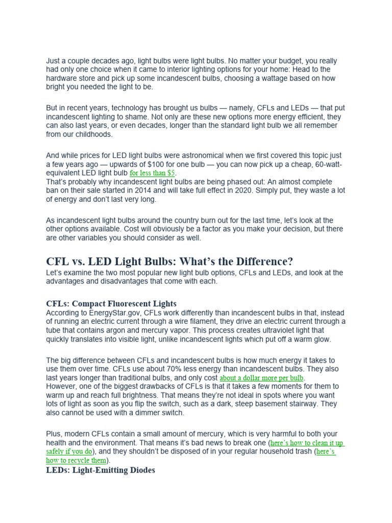 Incadecent Vs CFL Vs LED Lighting Options | PDF | Compact Fluorescent Lamp | Incandescent Light Bulb