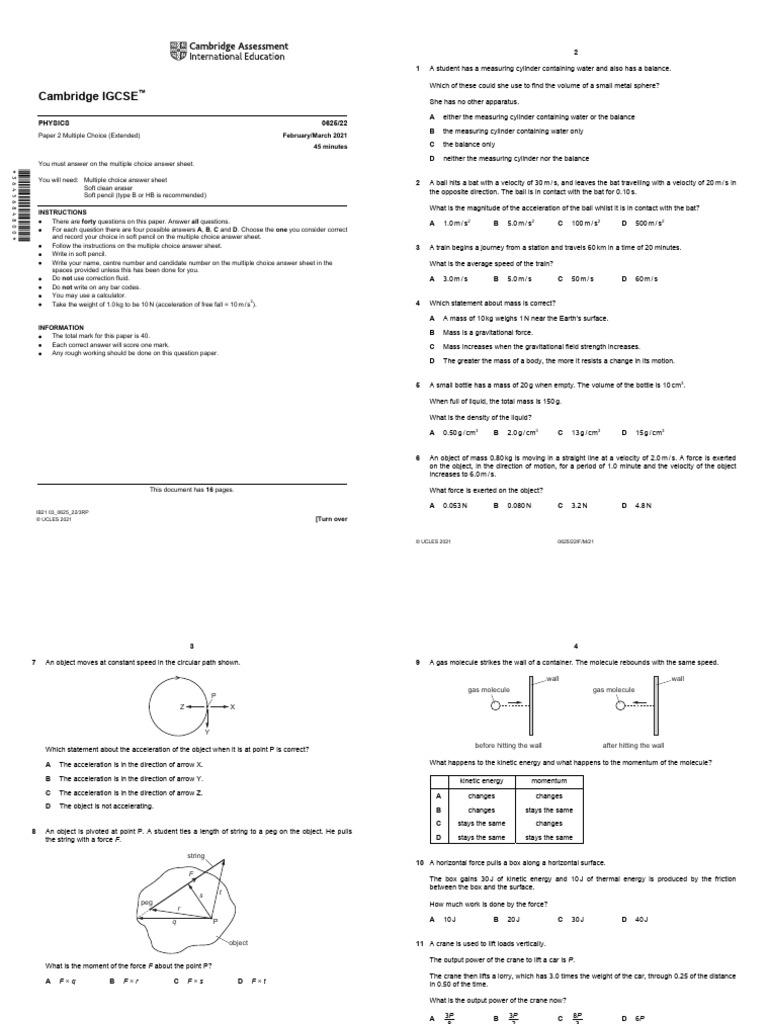 Physics Mcq 0625 22 Febmarch 21 Pdf Mass Force