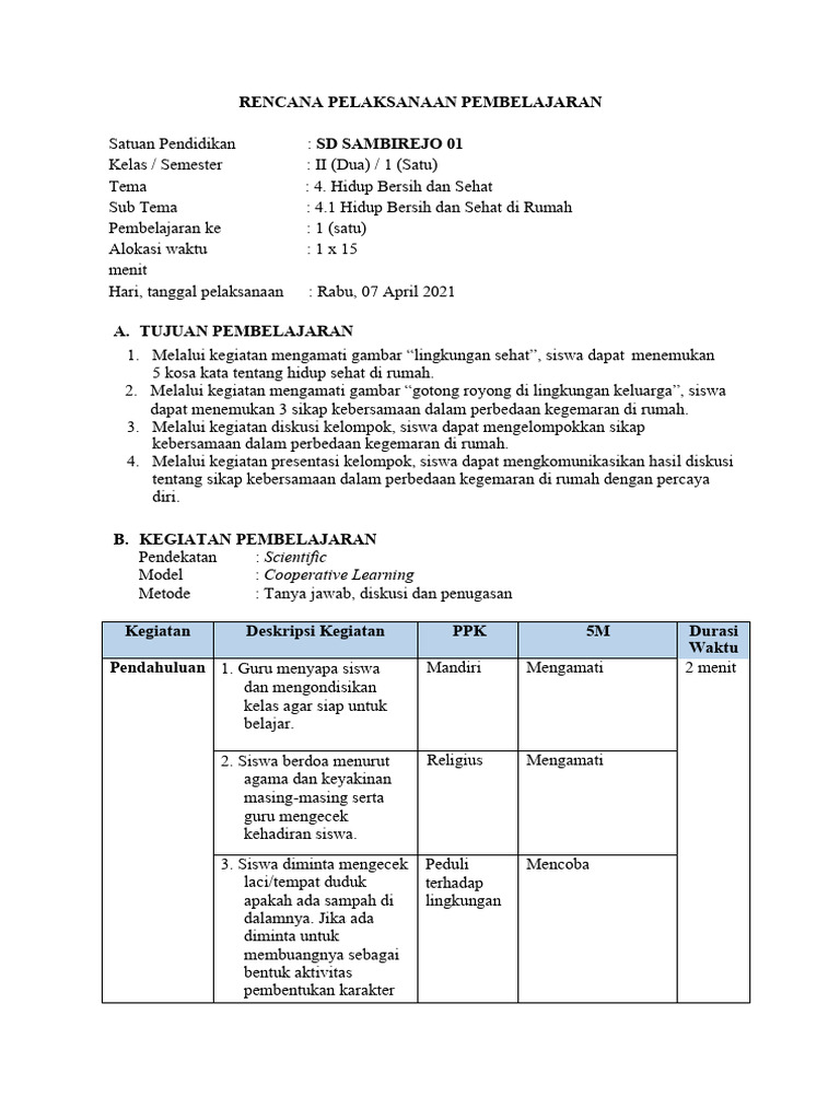 RPP KELAS 2 Tema 4 Kebersihan Sanitasi Drainase (1) 1 | PDF