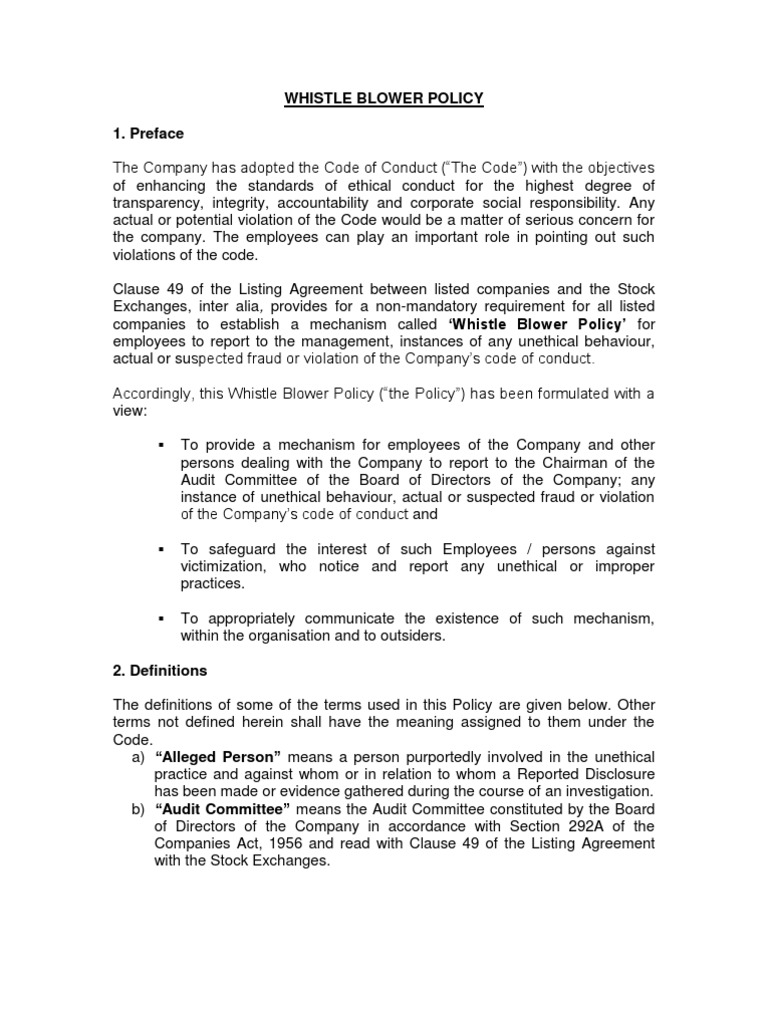 Whistle Blower Policy | PDF | Whistleblower | Audit Committee