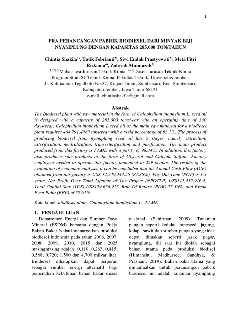 Jurnal - Pra Perancangan Pabrik Biodiesel Dari Minyak Biji Nyamplung ...